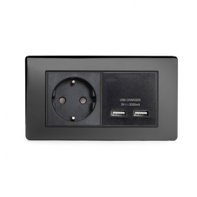 Soho Lighting Brushed Chrome 2 Gang European Schuko Socket with USB Wht ...