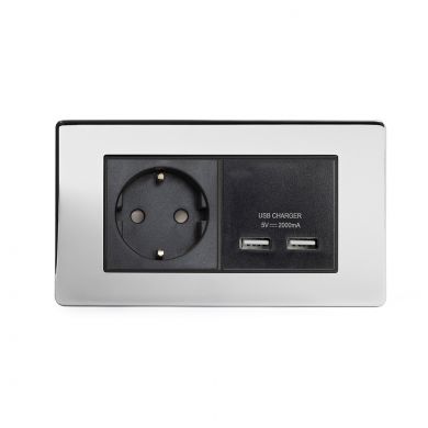 Soho Lighting Brushed Chrome 2 Gang European Schuko Socket with USB Wht ...