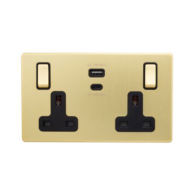 Soho Lighting Brushed Chrome 13A 2 Gang Fast Charge USB A+C Socket - Elesi