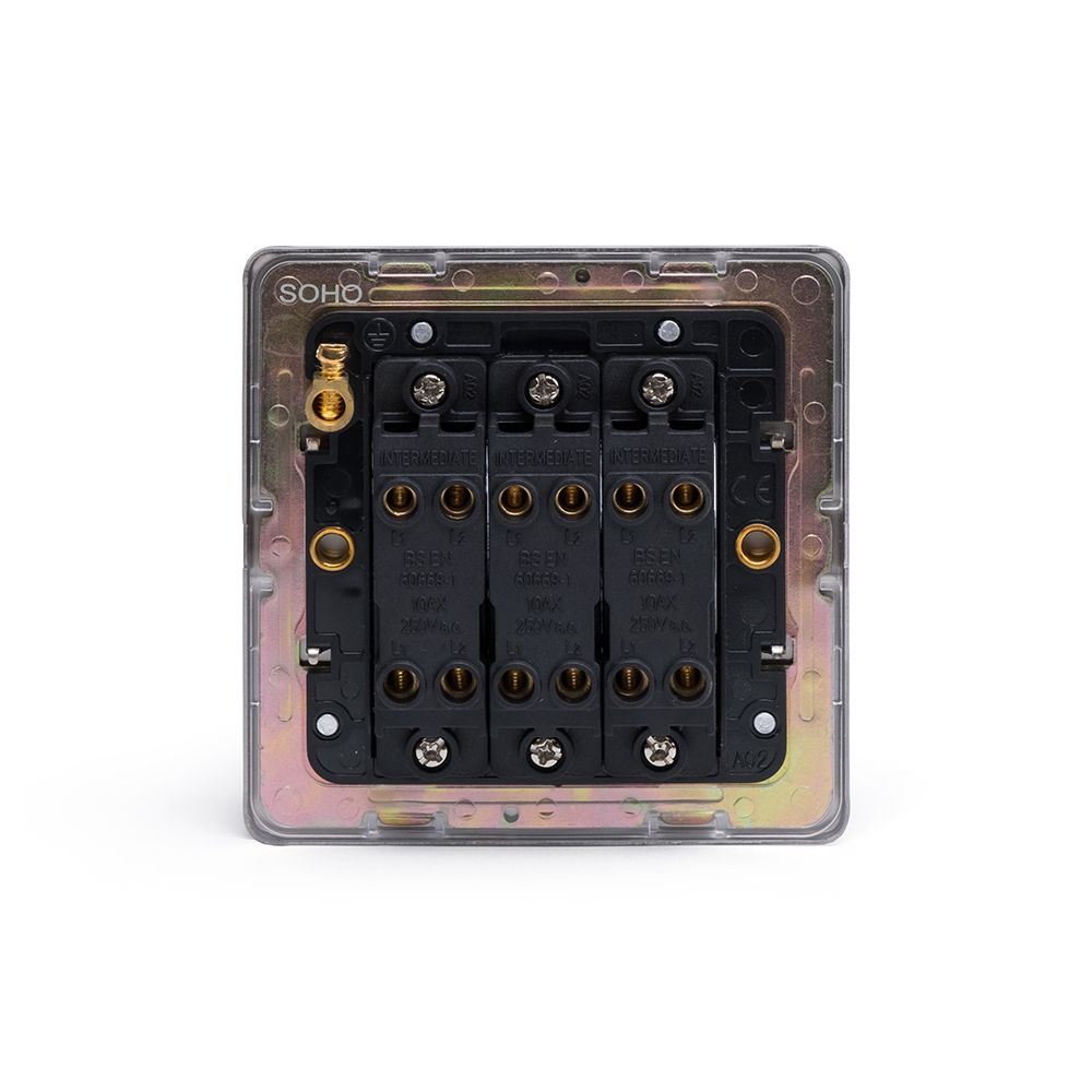 Brushed Chrome metal plate, BLK Insert, 3 Gang Intermediate switch - Elesi