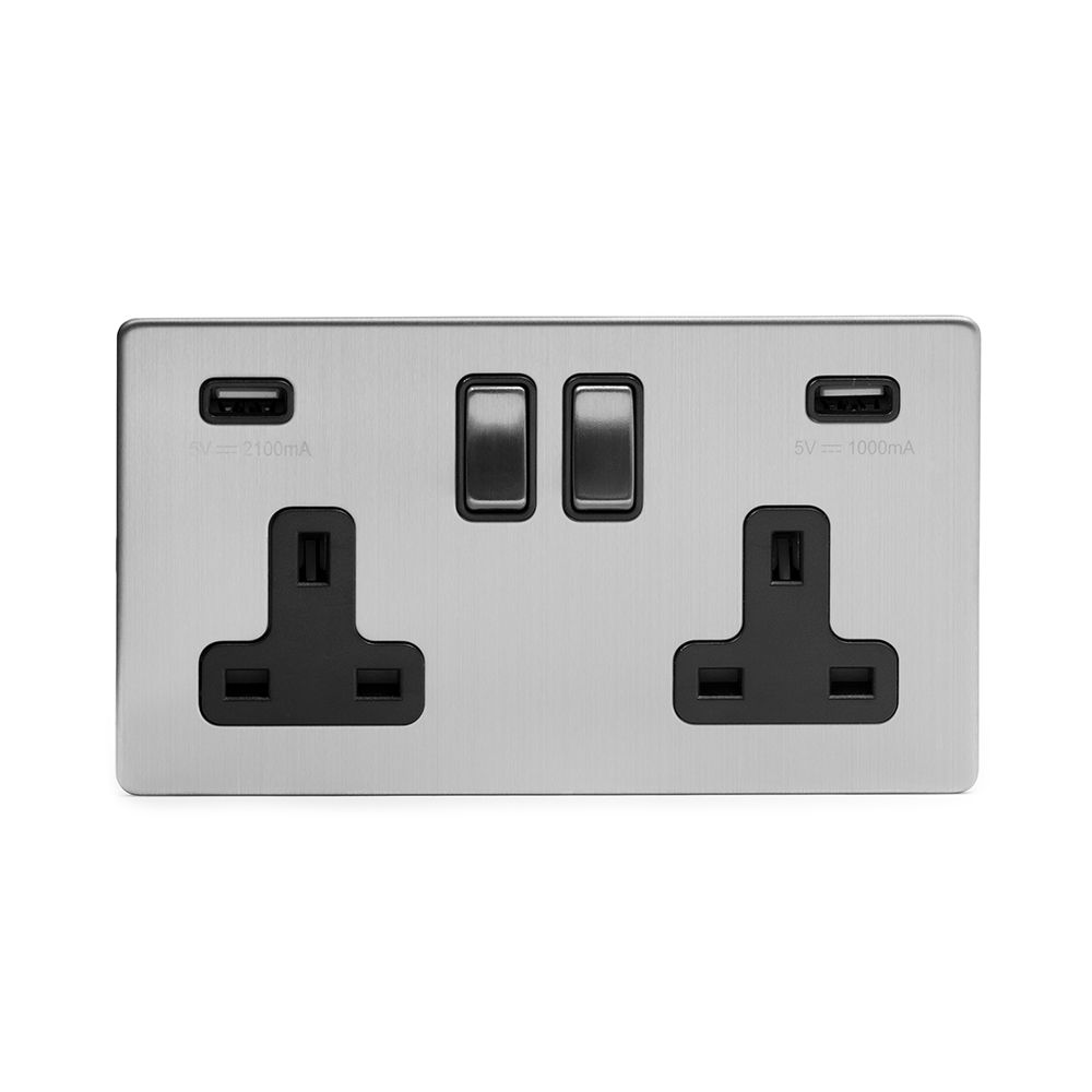 Brushed Chrome 2 Gang USB Socket with Black Insert - Elesi