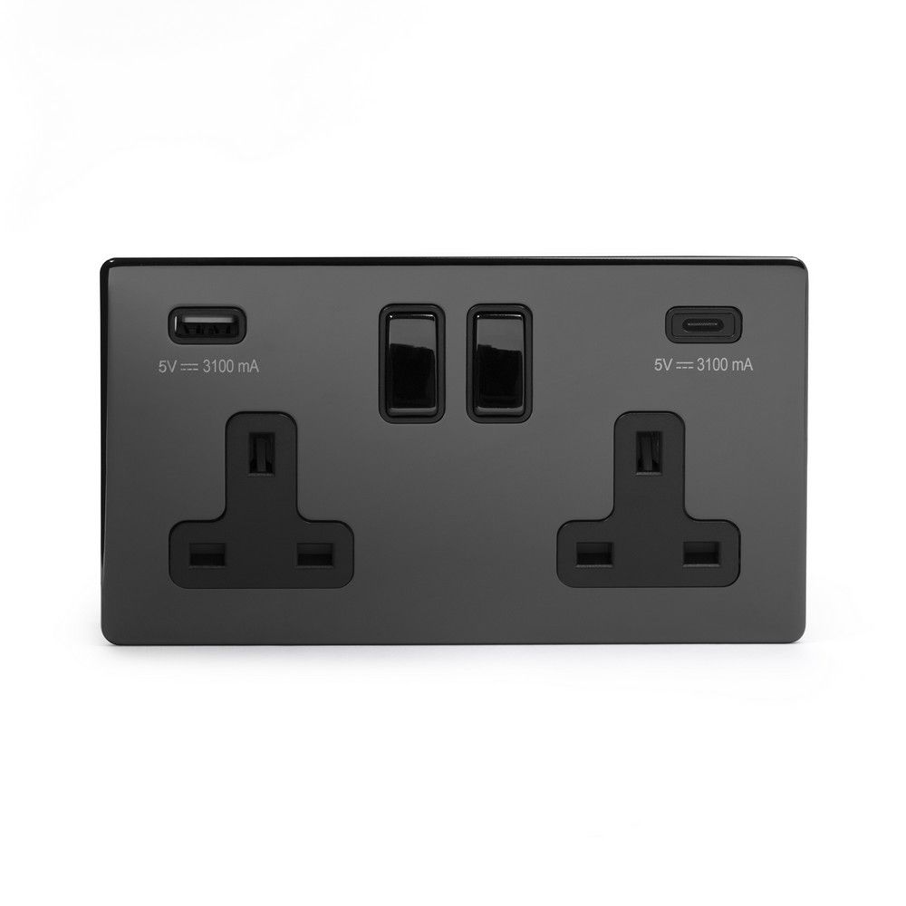 Soho Lighting Black Nickel 2 Gang USB C Socket (13A Socket + 2 USB ...