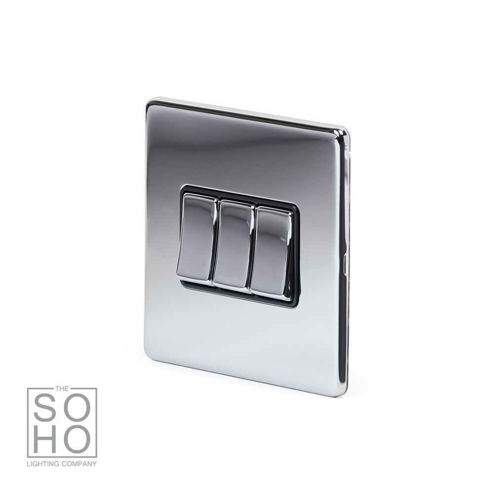 Polished Chrome metal plate, Black Insert, 3 Gang Intermediate switch ...