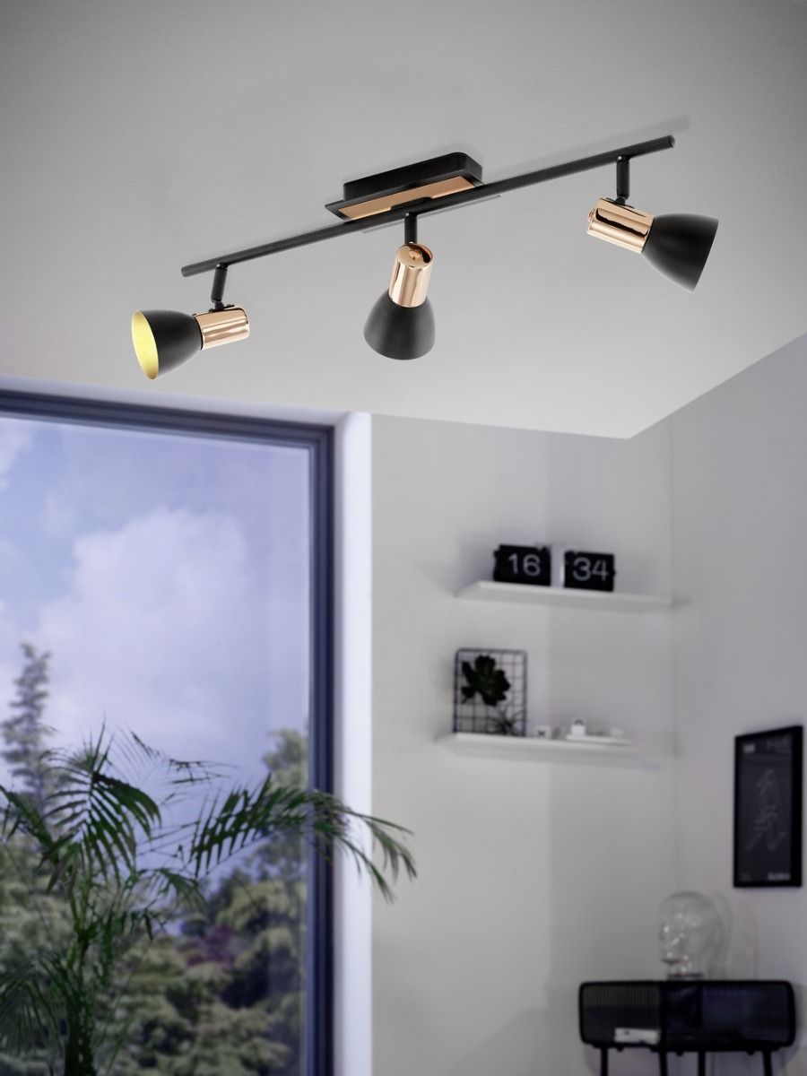 Eglo BARNHAM Black & Copper Triple Adjustable Spotlight Rail - 94586 ...