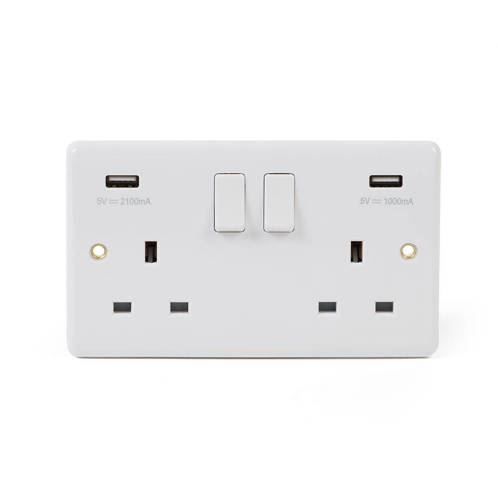 White Double Wall Socket With USB | White Double Socket With USB - Elesi