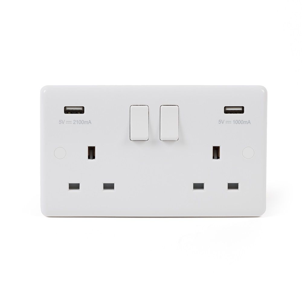 White Double Wall Socket With USB | White Double Socket With USB - Elesi