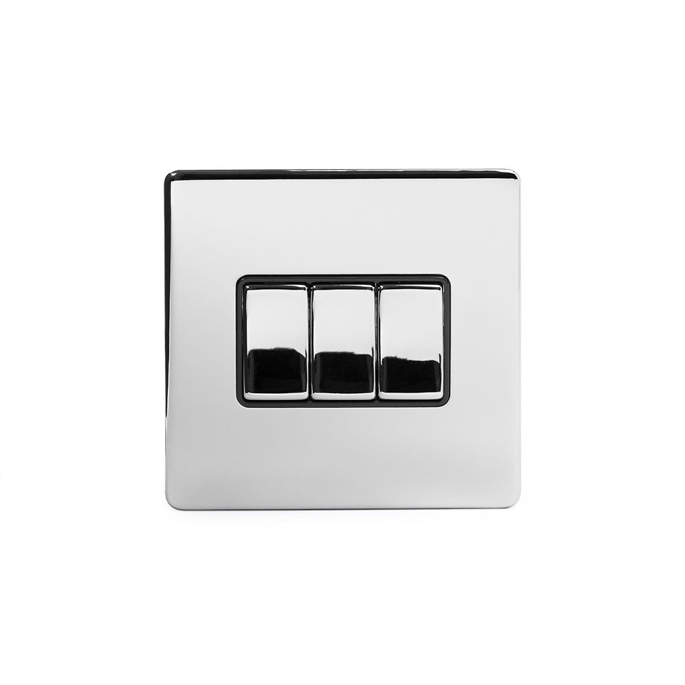 Polished Chrome metal plate, Black Insert, 3 Gang Intermediate switch ...
