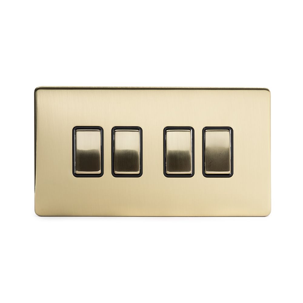 Brushed Brass metal plate, Black Insert, 4 Gang Intermediate switch - Elesi