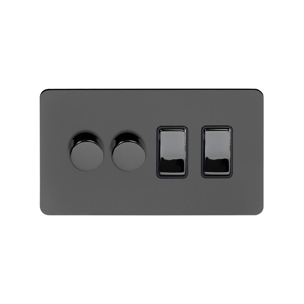 Black Nickel Flat Plate 4 Gang Switch with 2 Dimmers (2x150W LED Dimmer ...