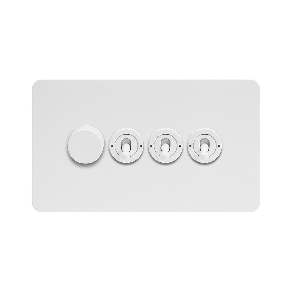 White Metal Flat Plate 4 Gang Switch with 1 Dimmer | 4 Gang dimmer ...