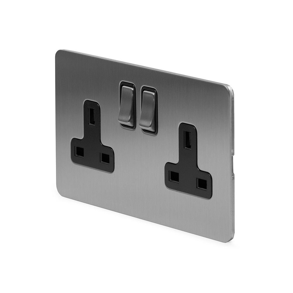 Soho Lighting Brushed Chrome Flat Plate 13A 2 Gang Switched Socket ...