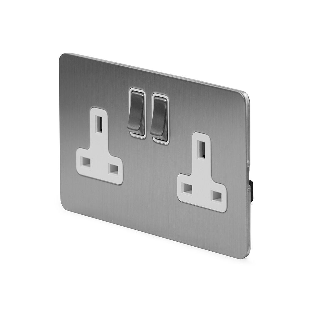 Soho Lighting Brushed Chrome Flat Plate 13A 2 Gang Switched Socket ...