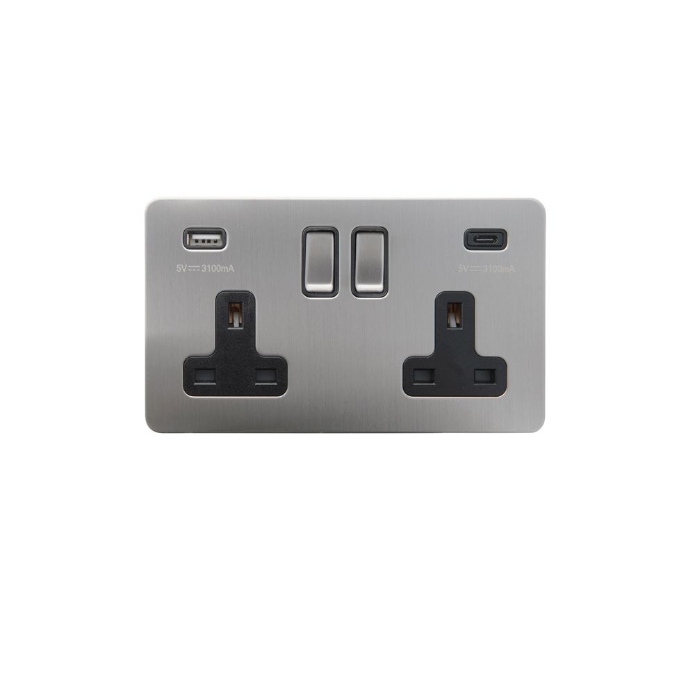 Soho Lighting Brushed Chrome Flat Plate 2 Gang USB A+C Socket (13A ...