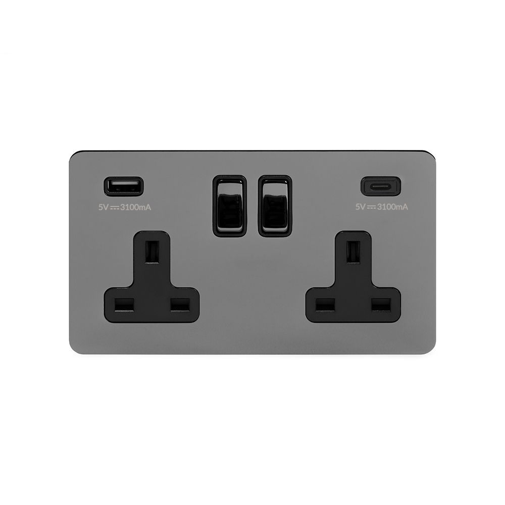 Soho Lighting Black Nickel Flat Plate 2 Gang USB A + C Socket (13A ...