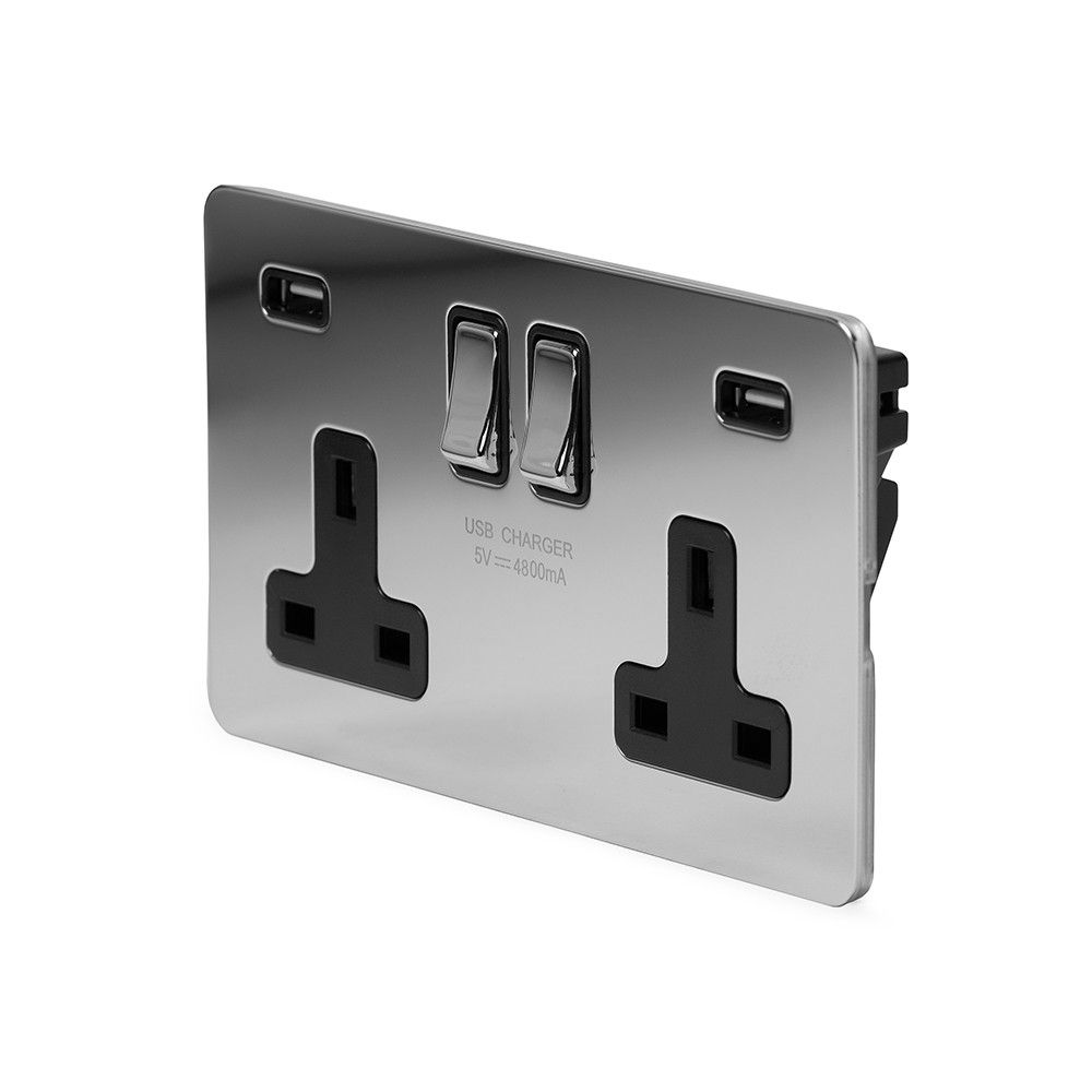 Soho Lighting Polished Chrome Flat Plate 13A 2 Gang DP USB Switched ...