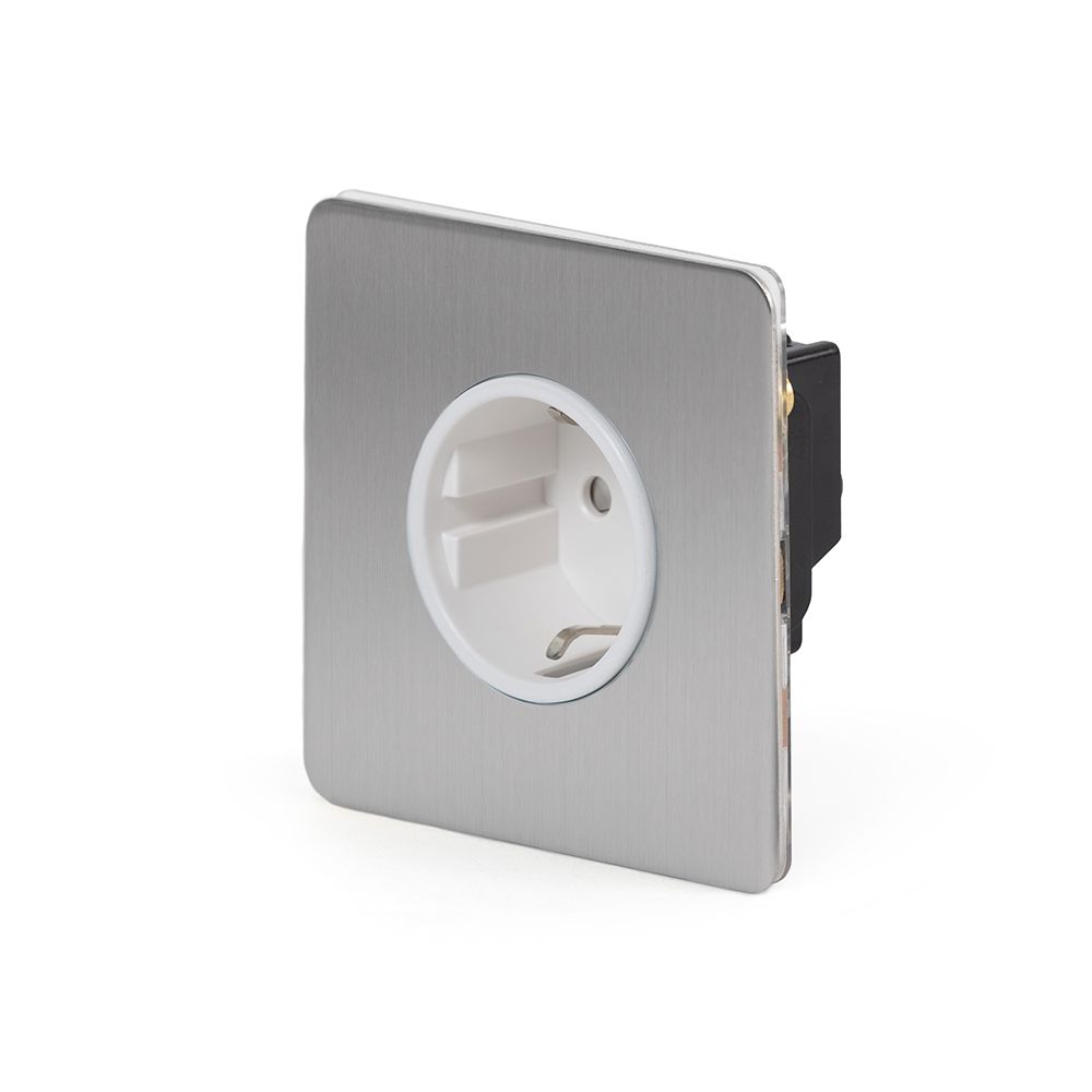 Single Schuko Socket Brushed Chrome Flat Plate 16A 1 Gang Euro Socket ...
