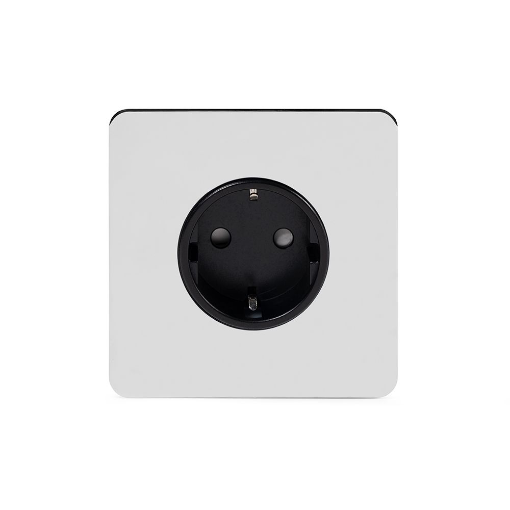 Single Schuko Socket Polished Chrome Flat Plate 16A 1 Gang Euro Socket ...