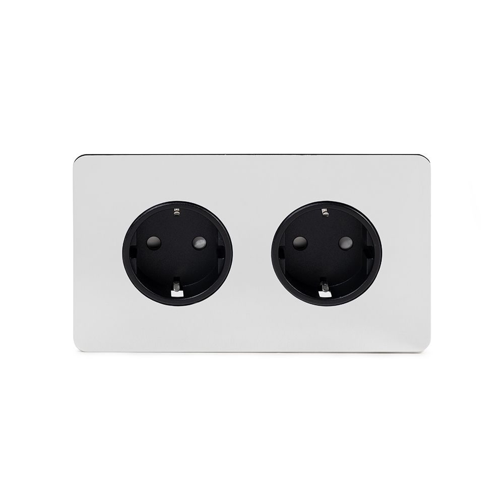 Double Schuko Socket Polished Chrome Flat Plate 16A 2 Gang Euro Socket ...