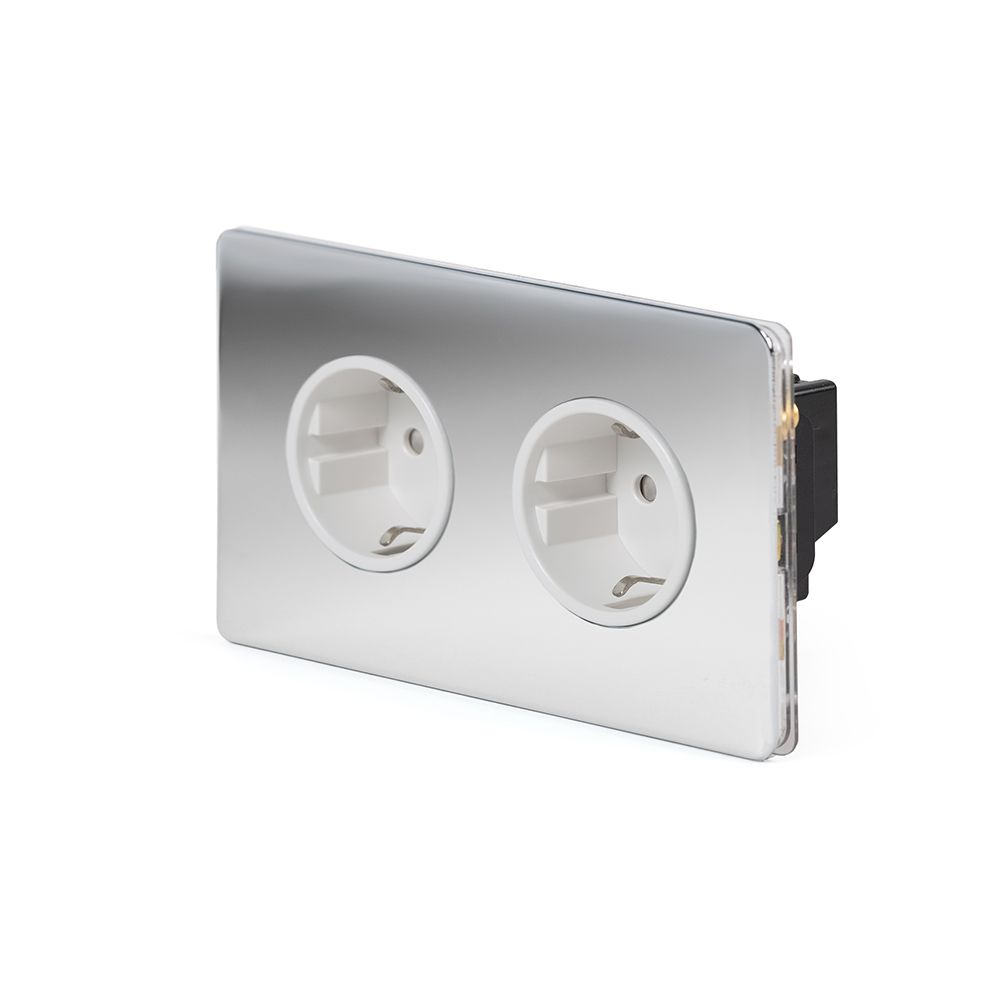 Double Schuko Socket Polished Chrome Flat Plate 16A 2 Gang Euro Socket ...