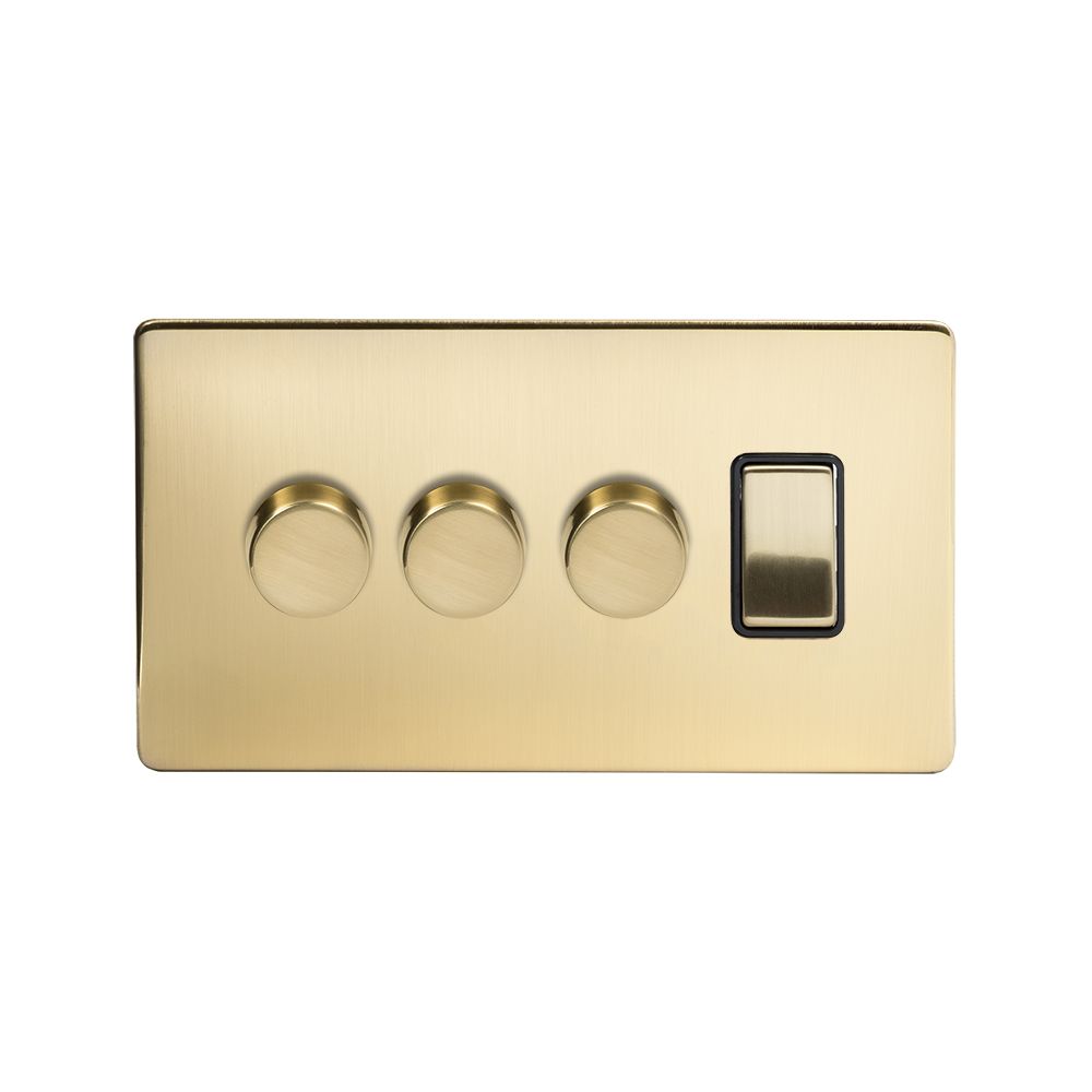 Brushed Brass 4 Gang Switch with 3 Dimmers (3x150W LED Dimmer 1x20A ...