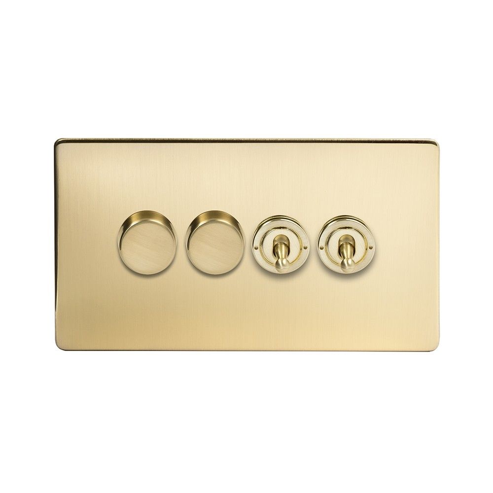 Brushed Brass 4 Gang Switch with 2 Dimmers | 4 Gang dimmer Toggle combo ...