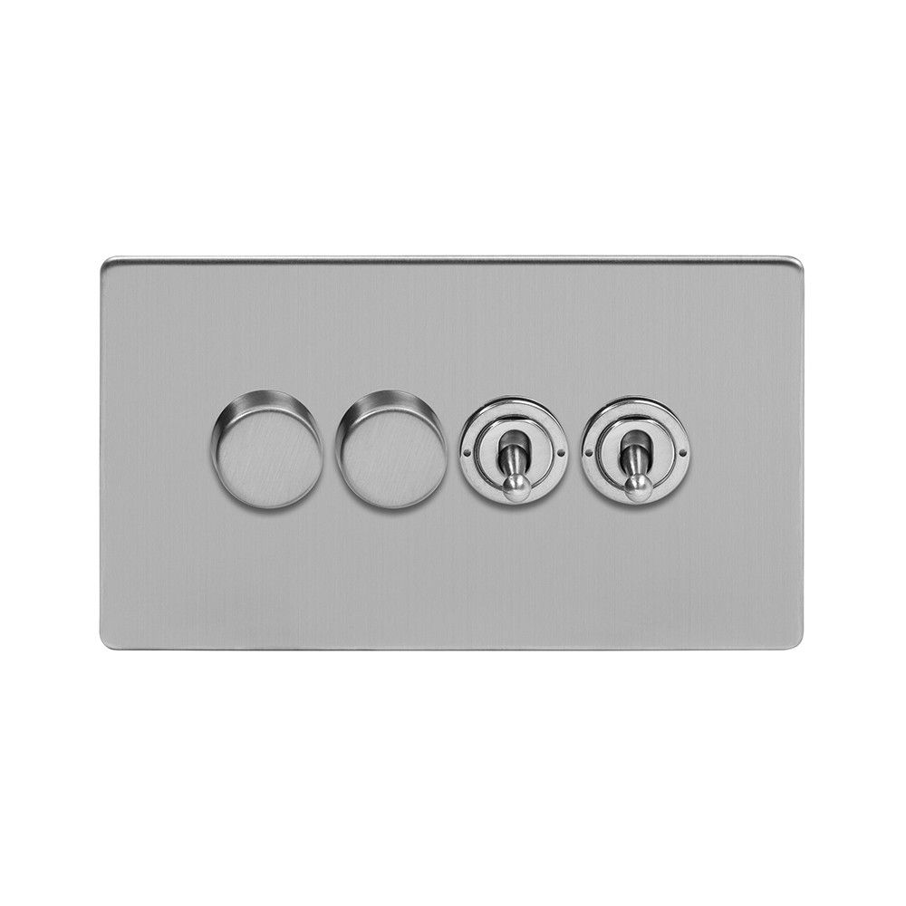 Brushed Chrome 4 Gang Switch with 2 Dimmers | 4 Gang dimmer Toggle ...