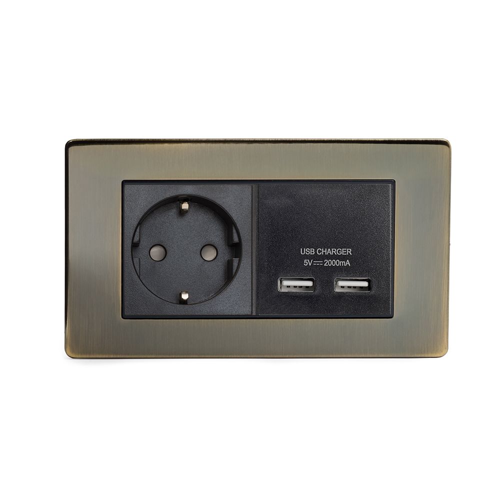 Soho Lighting Antique Brass 2 Gang European Schuko Socket with USB ...