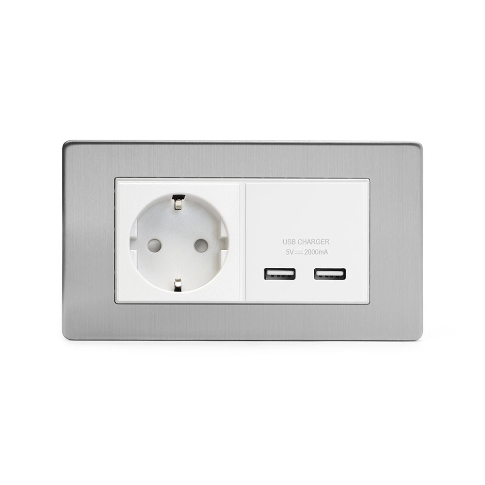 Soho Lighting Brushed Chrome 2 Gang European Schuko Socket with USB Wht ...