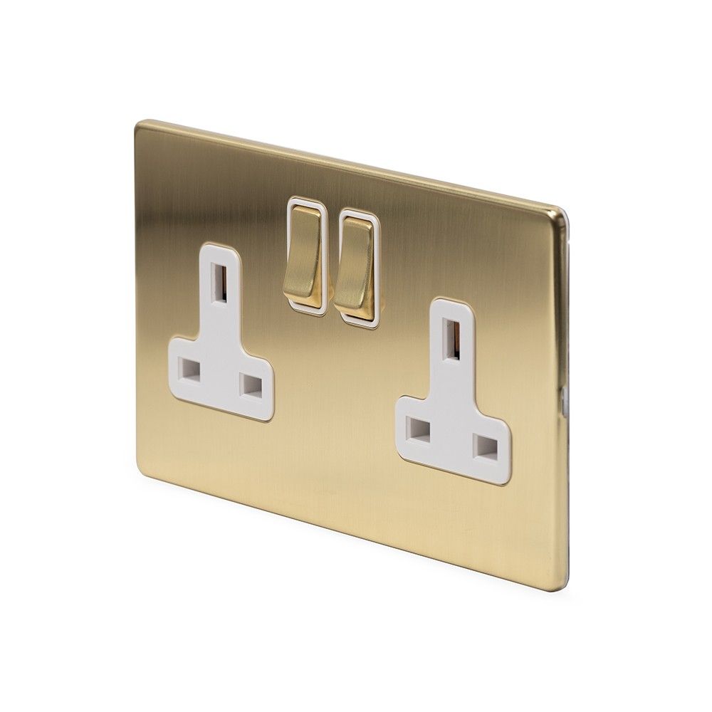 Soho Lighting Brushed Brass & White 2 Gang Socket | Brushed Brass ...