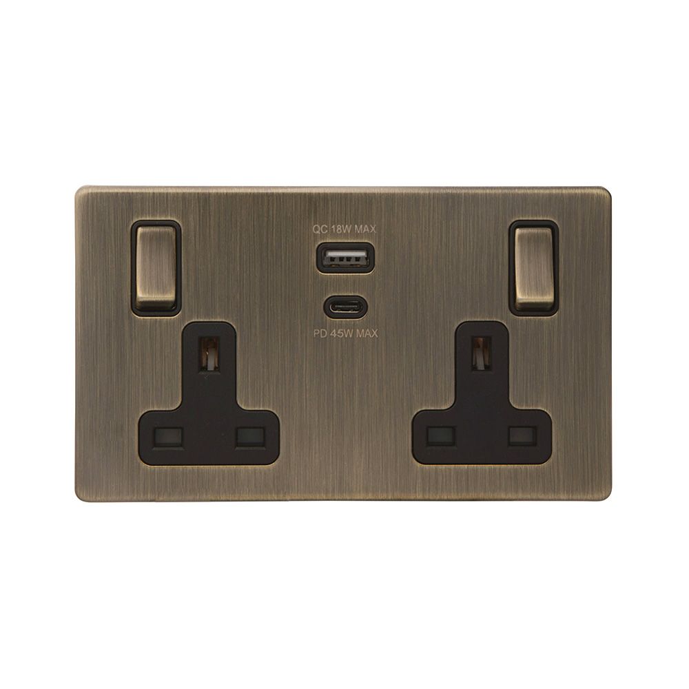 Soho Lighting Antique Brass 13A 2 Gang Fast Charge USB A+C Socket - Elesi