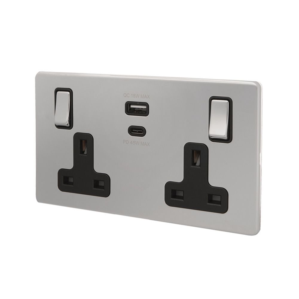 Soho Lighting Polished Chrome 13A 2 Gang Fast Charge USB A+C Socket - Elesi
