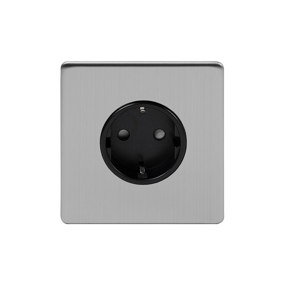 Single Schuko Socket Brushed Chrome Flat Plate 16A 1 Gang Euro Socket ...