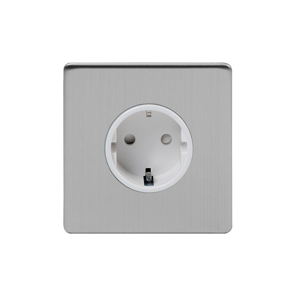 Single Schuko Socket Brushed Chrome Traditional Plate 16A 1 Gang Euro ...