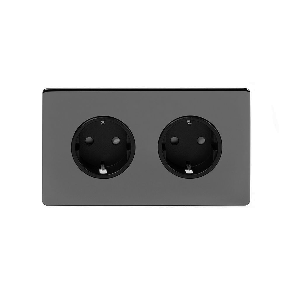 Double Schuko Socket Black Nickel 16A 2 Gang Euro Socket Screwless - Elesi