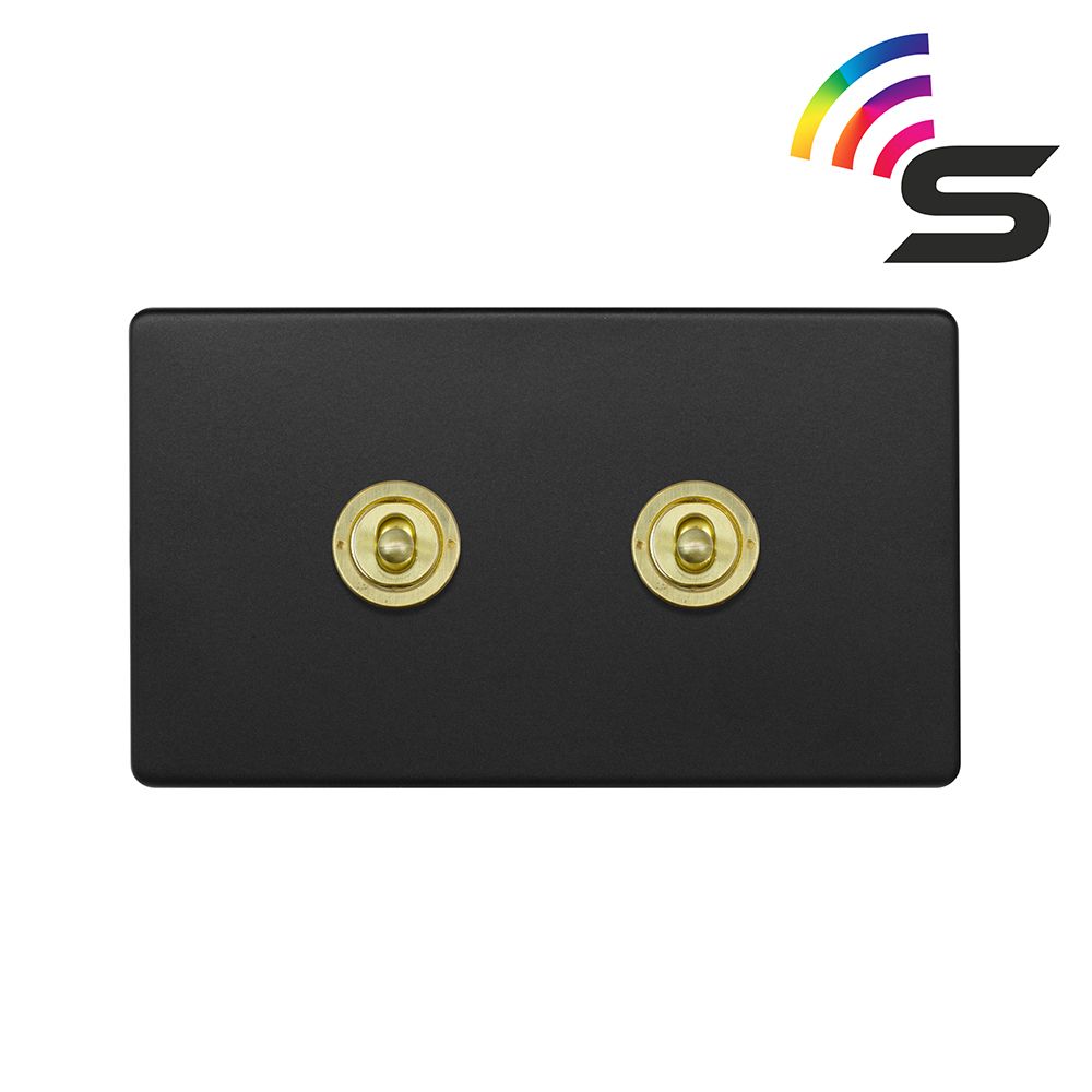 Soho Fusion Matt Black & Brushed Brass 2 Gang 150W Smart Toggle Switch ...