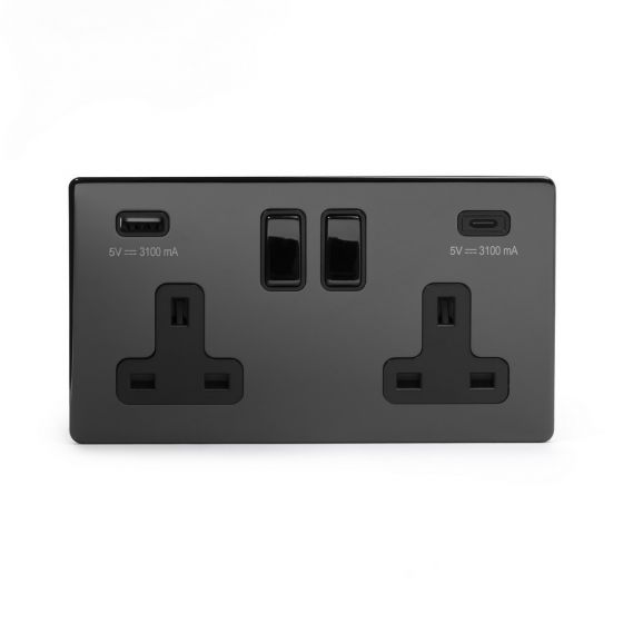 Soho Lighting Black Nickel 2 Gang USB C Socket (13A Socket + 2 USB ...