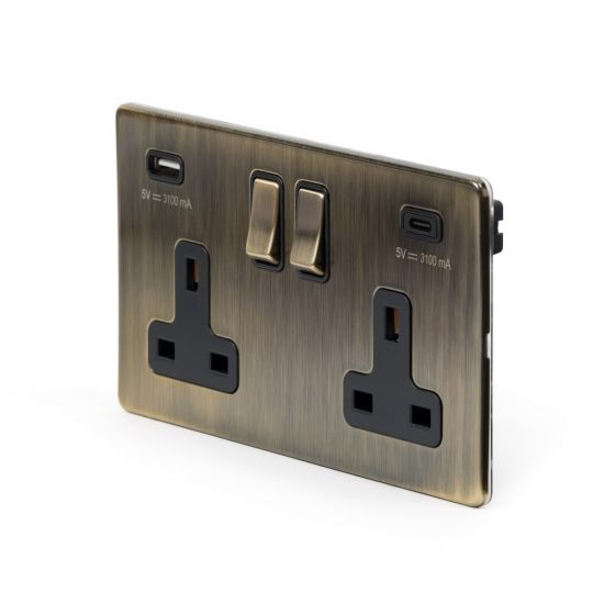 Soho Lighting Antique Brass 2 Gang USB C Socket (13A Socket + 2 USB ...