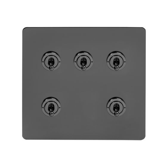Black Nickel Flat Plate 5 Gang Toggle Switch | 5 Screwless Toggle - Elesi