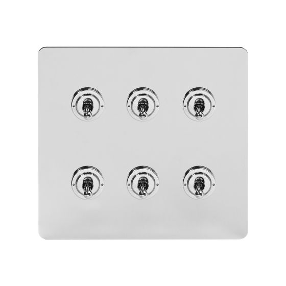 Polished Chrome Flat Plate 6 Gang Toggle Switch | 6 Gang Screwless ...