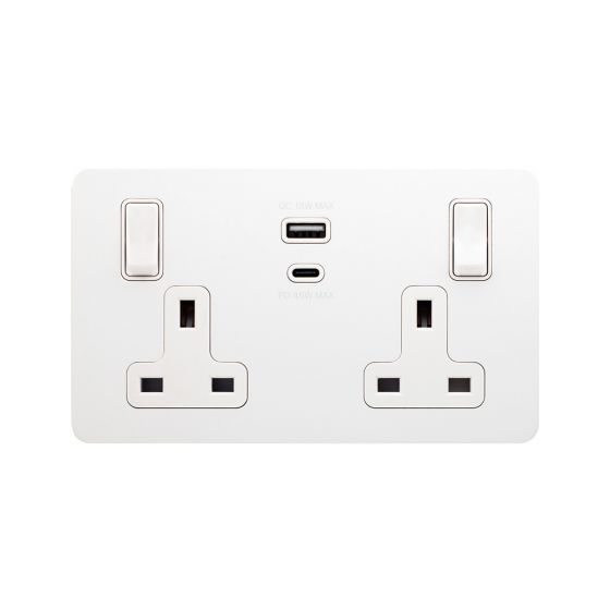 Soho Lighting White Metal Flat Plate 13A 2 Gang Fast Charge USB A+C ...