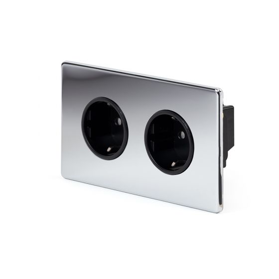 Double Schuko Socket Polished Chrome Traditional Plate 16A 2 Gang Euro ...